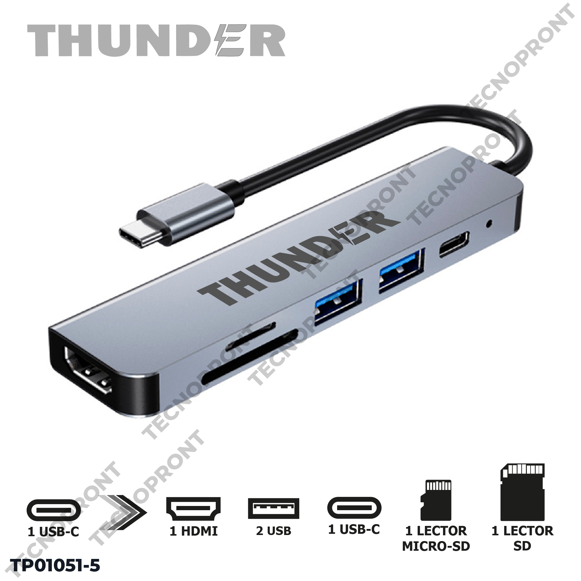 EXTENSOR DE PUERTOS HUB THUNDER 6EN1 DE USB TIPO-C A 2USB-A 1HDMI 1SD ...
